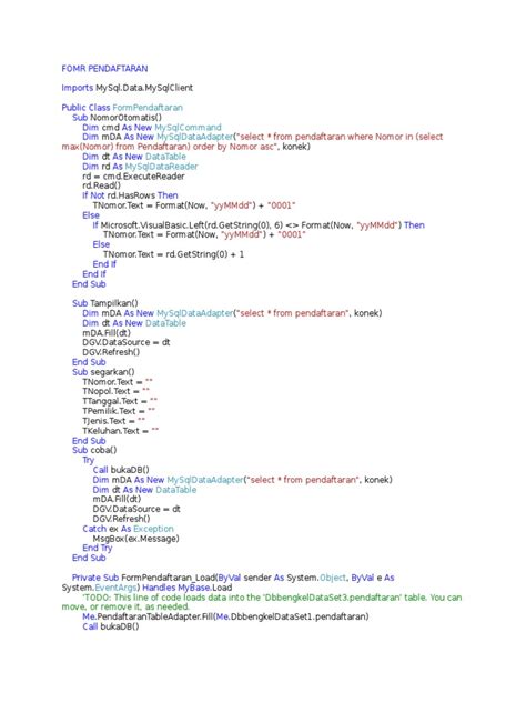 formpendaftaran mysqlcommand mysqldataadapter datatable mysqldatareader