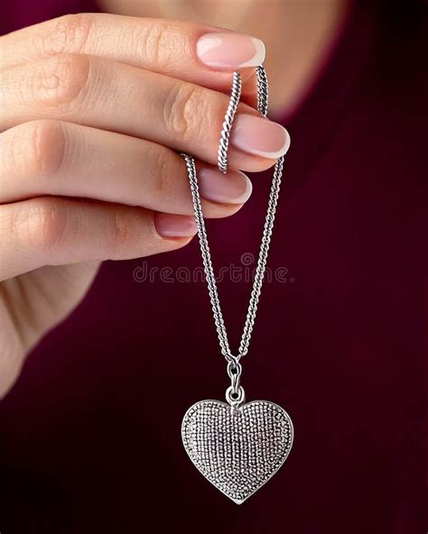 Female Hand Holding Silver Heart Necklace Stock Illustration