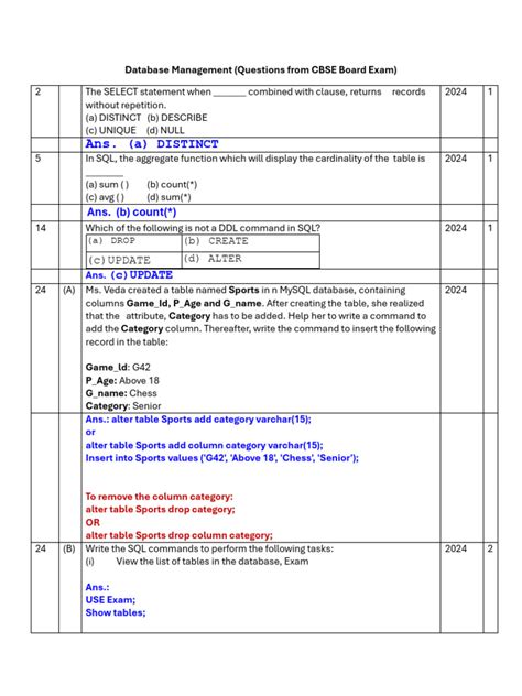 Database Management Questions From Cbse Board Exam Pdf Table Database Databases