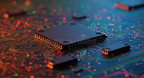 A Detailed Close Up Of A Microchip On A Circuit Board The Central Large Microchip Stock