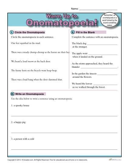 Onomatopoeia Worksheets Figurative Language Activities K12reader