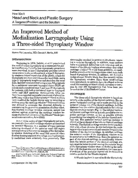 Pdf An Improved Method Of Medialization Laryngoplasty Using A Three Sided Thyroplasty Window