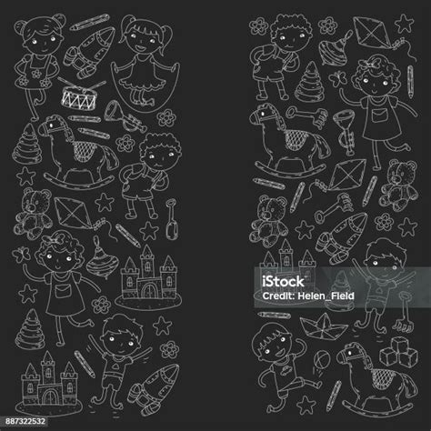 유치원 유치원 보육원 교육 어린이 낙서 패턴 아이 놀이 공부 하는 남자와 여자와 아이 드로잉 아이콘 공간 모험 탐험 상상력 개념 2 3 살에 대한 스톡 벡터 아트 및 기타