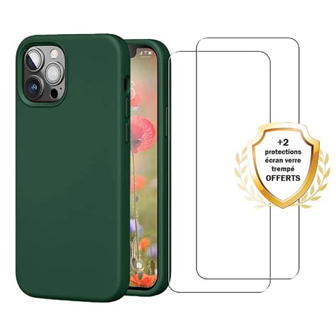 Evetane Coque IPhone 12 12 Pro Silicone Liquide Vert Foret 2 Vitres