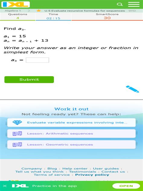 Ixl Evaluate Recursive Formulas For Sequences Algebra 1 Practice Pdf