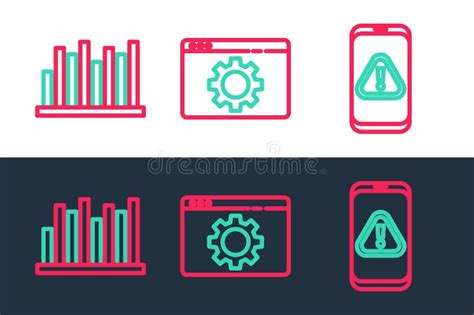 Set Line Mobile With Exclamation Mark Pie Chart Infographic And Browser Setting Icon Vector