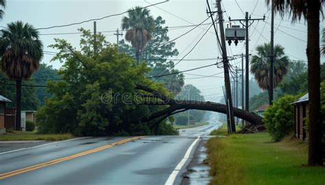 Fallen Tree Entangled In Power Lines Blocks Road After Hurricane