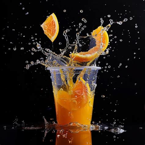 A Glass Of Orange Juice With Orange Slices In It And Water Splashing On