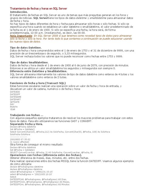 Tratamiento De Fechas Y Horas En Sql Server Docshare Tips