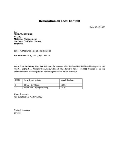 Declaration On Local Content Pdf