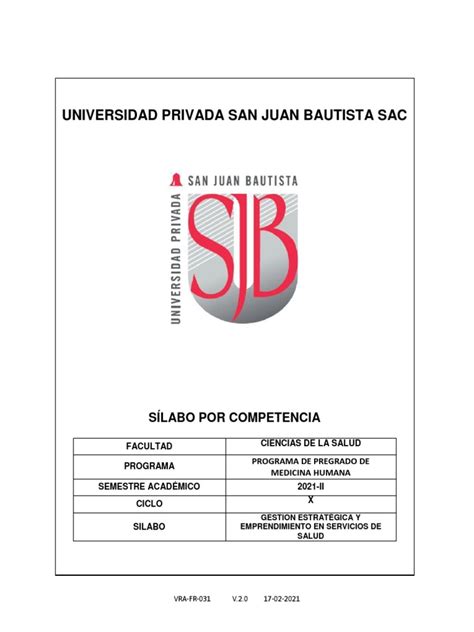 Sílabo Gestión Estratégica Y Emprendimiento En Servicios De Salud 2021
