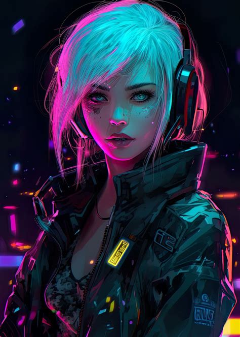Cyberpunk Anime Girl Neon Poster Picture Metal Print Paint By