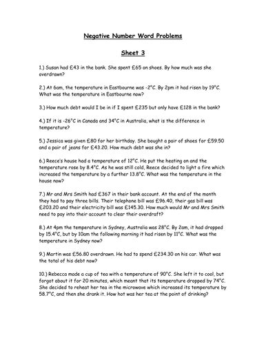 Negative Number Word Problems Differentiated Answers Teaching