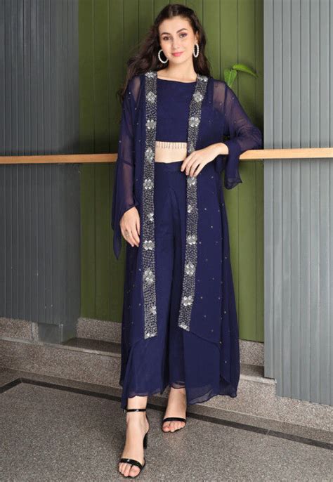 Buy Embellished Neckline Georgette Crop Top Jacket Set In Navy Blue