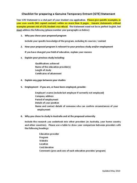 Gte Statement Preparation Checklist Pdf Travel Visa Risk