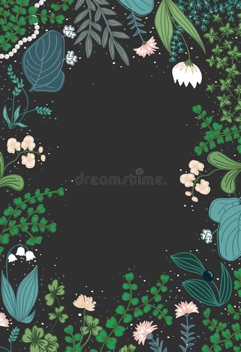 Vintage Vertical Frame With Cute Wild Flowers And Herbs Colorful