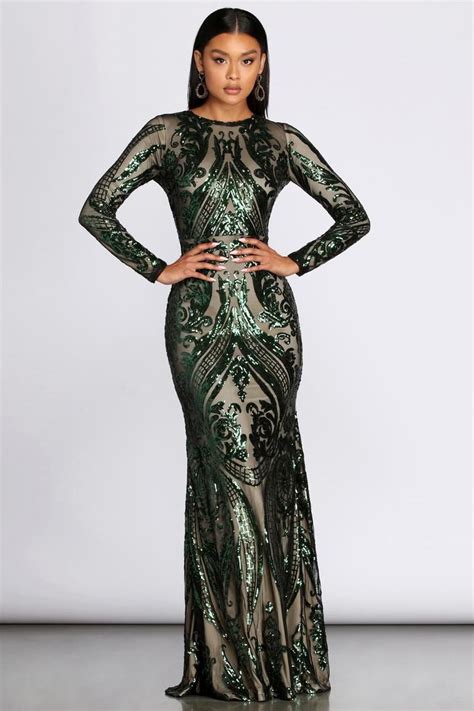 Alexandria Formal Sequin Scroll Dress Formal Dresses With Sleeves