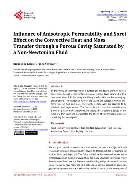Pdf Influence Of Anisotropic Permeability And Soret Effect On The Convective Heat And Mass