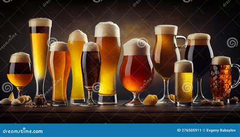 Many Different Types Of Beer In Mugs And Glasses AI Generated Image Stock Illustration