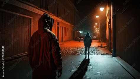 Robber In Hood Watches Woman Silhouette Walking Alone Dark Street Suspicious Man Hunts For