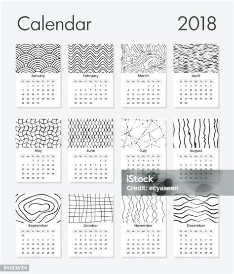 데스크 캘린더 2018입니다 흰색 배경에서 간단한 최소한의 패턴 화이트 우아한 책상 달력 서식 파일 0명에 대한 스톡 벡터 아트