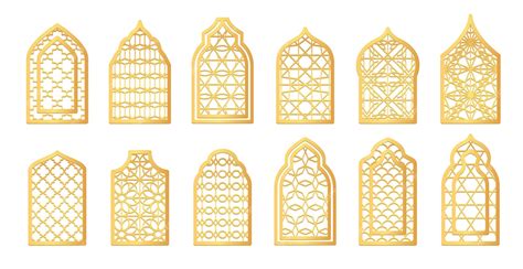 황금 장식 아랍어 창 아라베스크 장식 패턴이 있는 장식용 아라비아 창 이슬람 인도 문 또는 전통적인 동양 아치 벡터 그림 장식용