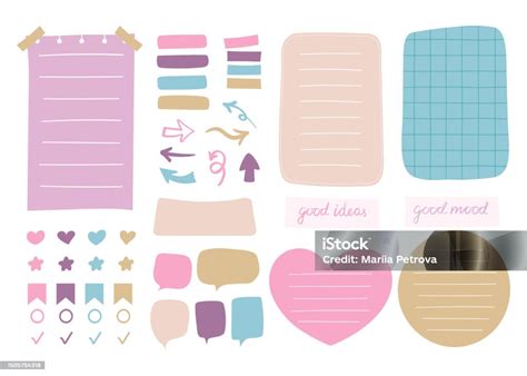 다양한 다채로운 종이 노트 모음 할 일 목록 메모 메시지 메모장 종이 시트 및 플래너를 위한 빈 만화 배너 및 스티커 메모 스티커 책갈피 및 마킹 및 장식을 위한 다양한