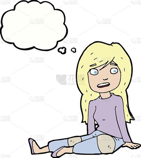 卡通女孩坐在地板上带着思想泡泡