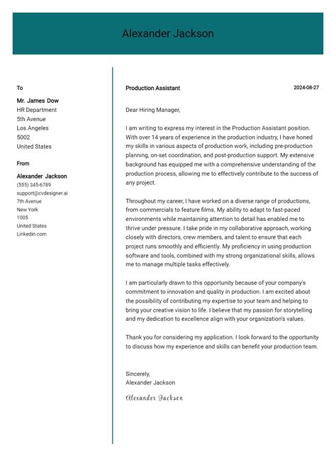 Production Assistant Cover Letter Example For 2024 Complete Writing
