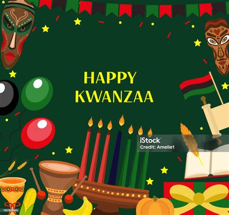 해피 관자 포스터 인사말 카드 키나라와 당신의 디자인을위한 아프리카 계 미국인 휴가 축제 템플릿 벡터 일러스트레이션 Kwanzaa에 대한 스톡 벡터 아트 및 기타 이미지