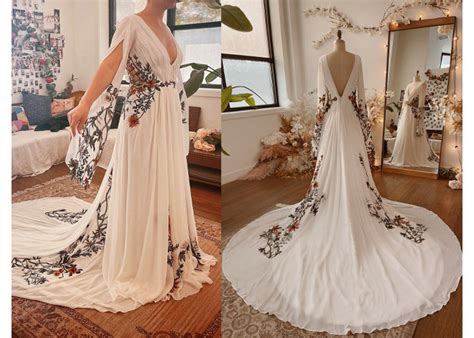 Colorful Embroidered Gownboho Beach Wedding Dressv Neck Long Sleeve