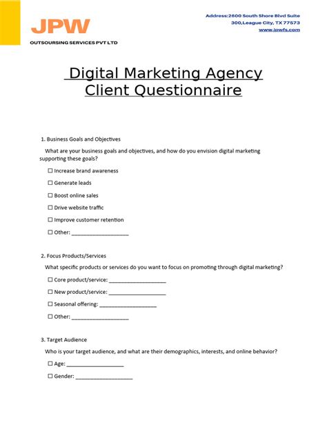 Digital Marketing Questionaire Pdf Digital Marketing Marketing