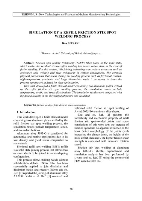 Pdf Simulation Of A Refill Friction Stir Spot Welding Process