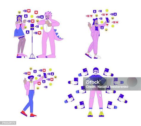 소셜 미디어의 바이럴 인플루언서 2d 선형 일러스트레이션 컨셉 세트 2차 도형에 대한 스톡 벡터 아트 및 기타 이미지 2차