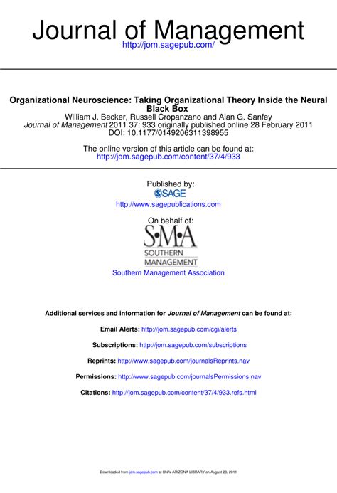 Pdf Organizational Neuroscience Taking Organizational Theory Inside The Neural Black Box