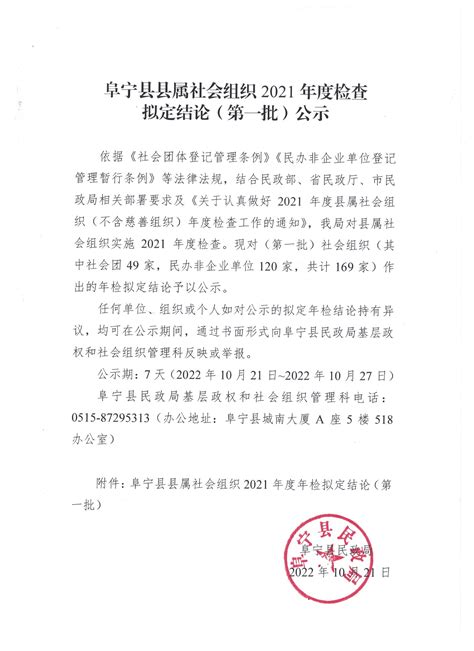 阜宁县人民政府 通知公告 阜宁县县属社会组织2021年度检查拟定结论（第一批）公示