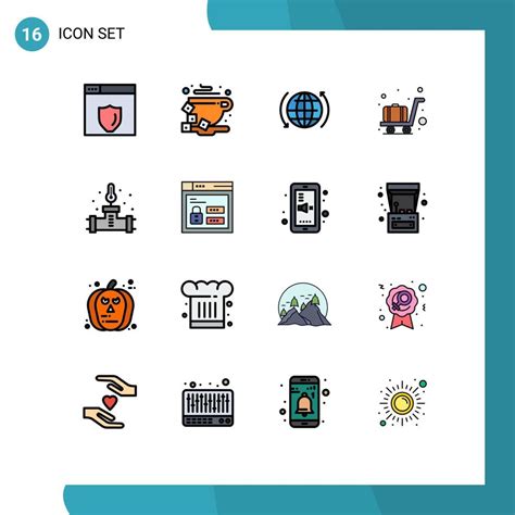 Flat Color Filled Line Pack Of 16 Universal Symbols Of Temperature Plumber Globe Pipe Luggage