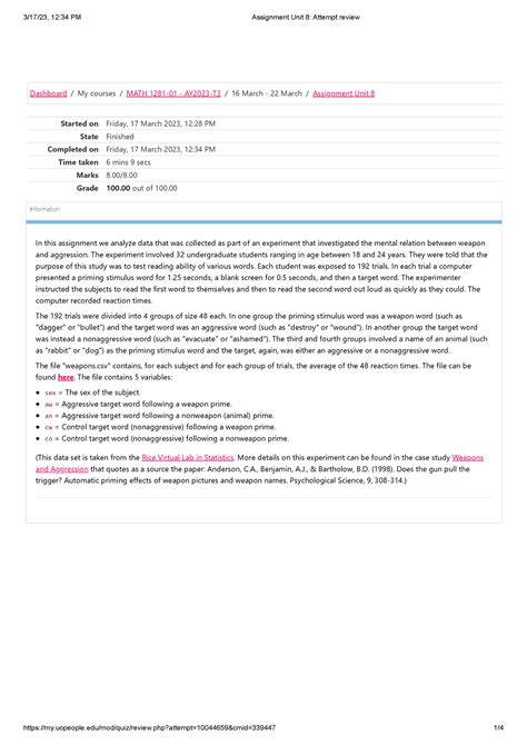 maths 1281 assignment unit 8 attempt review started on friday 17