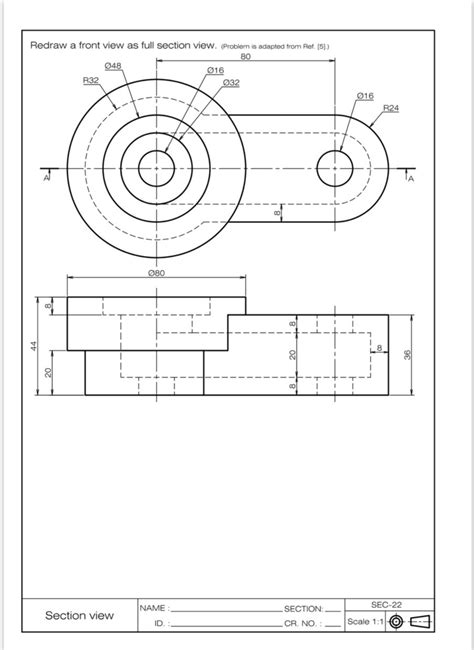 solved redraw a front view as full section view scale 1 1i