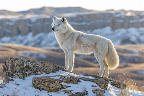 Ai Generated Illustration Of A White Wolf Standing On A Snowy Rock With