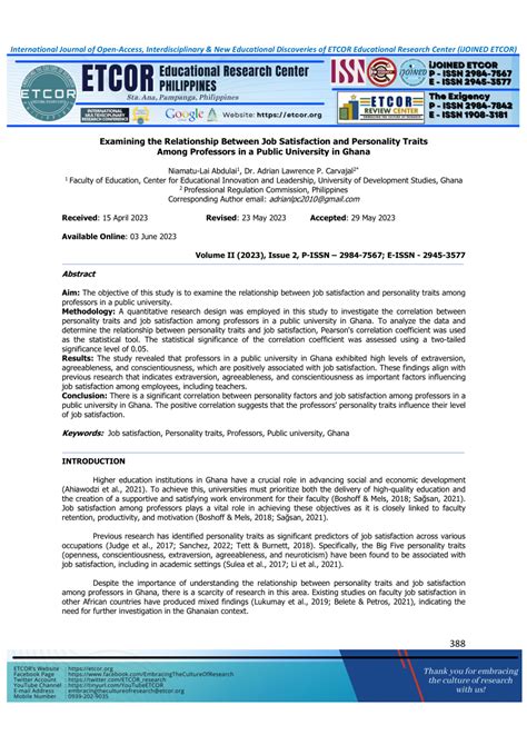 Pdf Examining The Relationship Between Job Satisfaction And Personality Traits Among