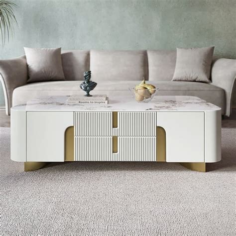 Artus Modern White Rectangular Storage Coffee Table Drawers Sintered