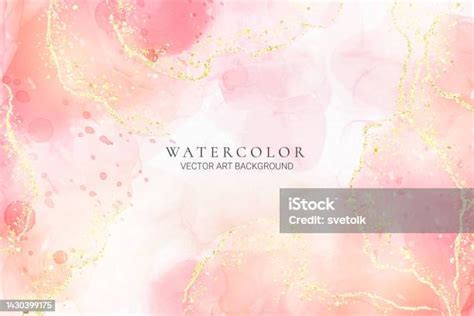 로즈 핑크 액체 수채화 배경과 황금 색종이 먼지가 많은 홍당무 대리석 알코올 잉크 그리기 효과 결혼식 초대장 메뉴 Rsvp에 대한 벡터 일러스트 레이 션 디자인 템플릿