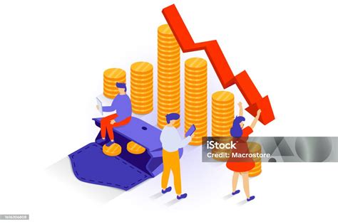 실업과 위기 개념은 3d 아이소메트릭 디자인에서 볼 수 있다 사람들은 아래쪽 화살표 평가 절하 및 채무 불이행으로 그래프에서