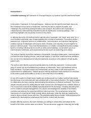 Summary Teamwork Concept Analysis Docx Assessment 1 A Detailed Summary Of Teamwork A Concept