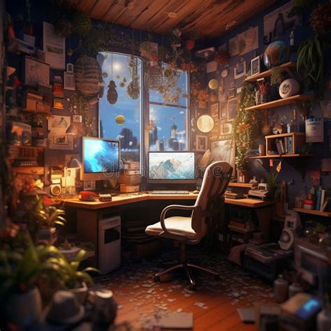 иллюстрация фантастических интерьеров с компьютером на столе 3d рендеринг винтажного офиса с