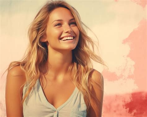 Una Hermosa Mujer Rubia Sonriendo Frente A Un Fondo Colorido Foto Premium