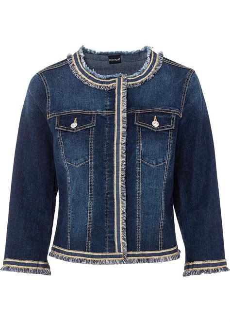 Kurze Jeansjacke Mit Fransen An Den Kanten Dunkelblau Denim