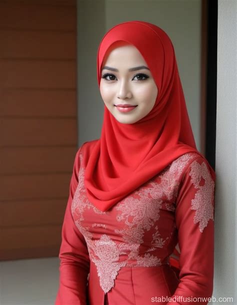 Beautiful Hijab Wearing Woman In Red Kebaya On Porch Stable Diffusion