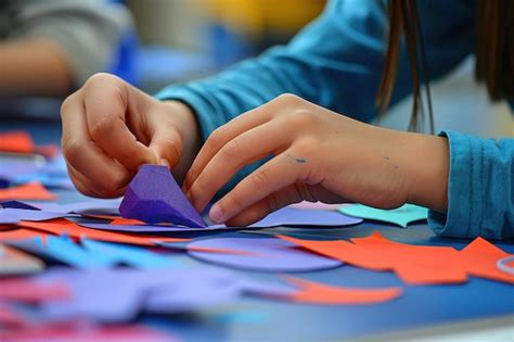 A Closeup Of A Students Hands Carefully Cutting Paper Shapes For A Craft Project Premium AI